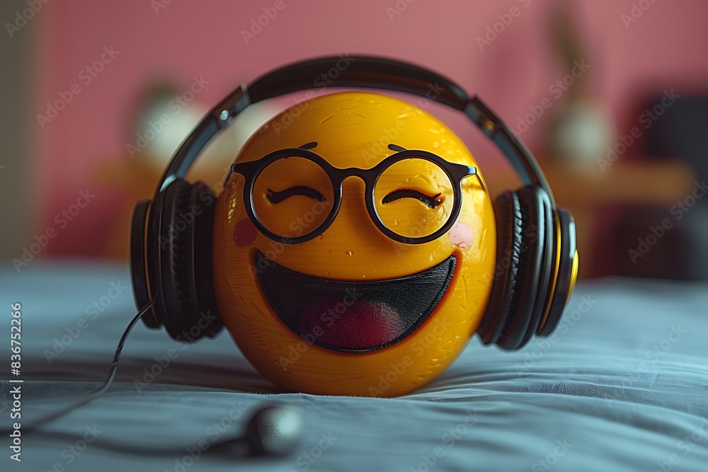 Smiley Listen Music emoji features a yellow face with eyes, wearing ...