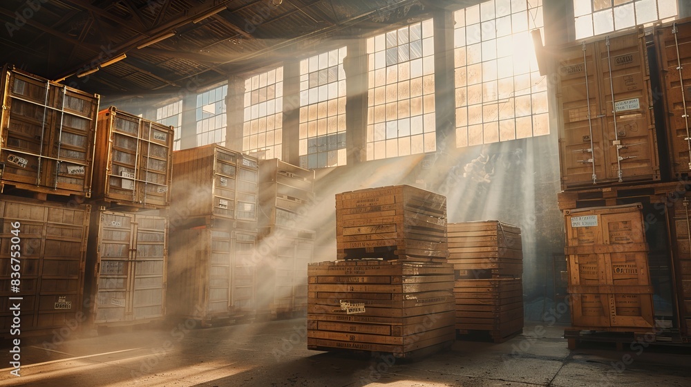 Warehouse filled with stacked wooden crates labeled 'sugar', sunlight ...