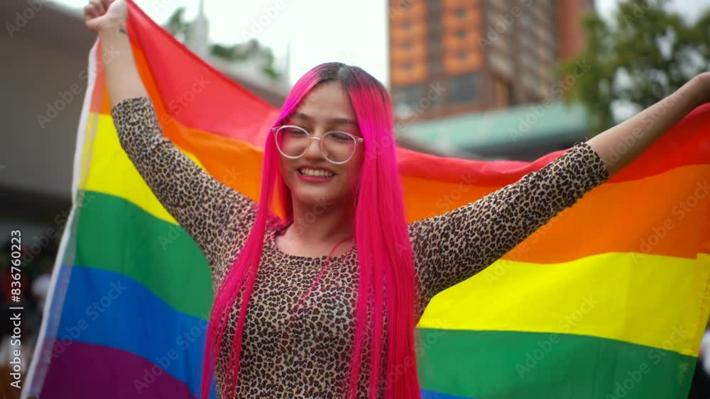 LGBTQ female with pink hair celebration moment on Pride month Parade of ...