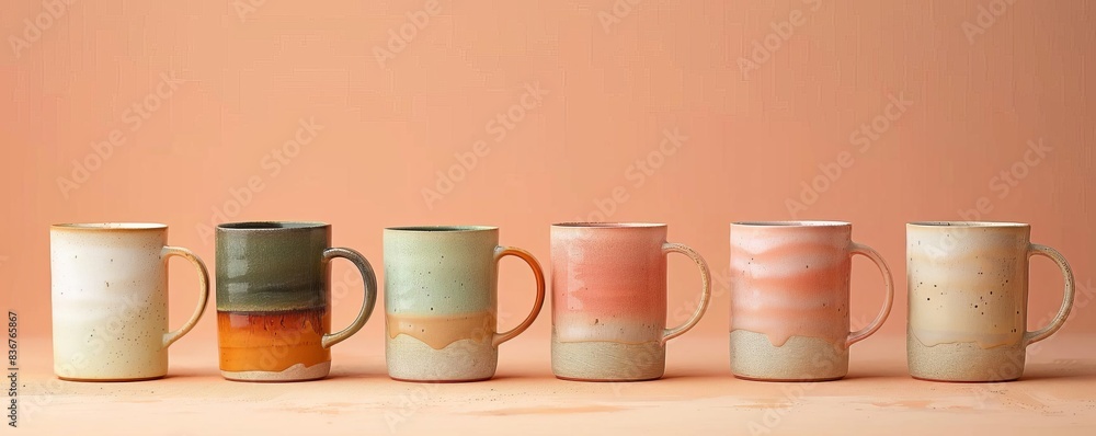 row of beautiful different size and shape mugs, each mug is made from ...
