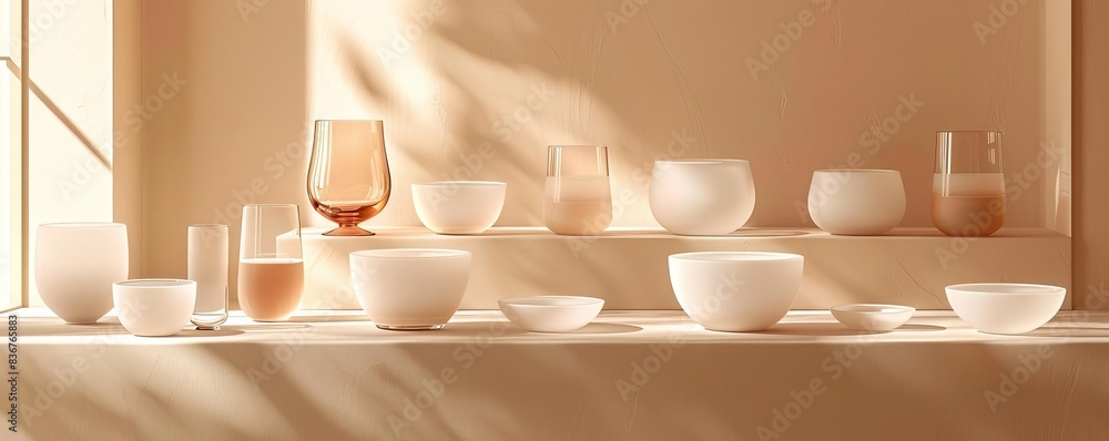 set of different white and beige glassware on peach background, mockup ...