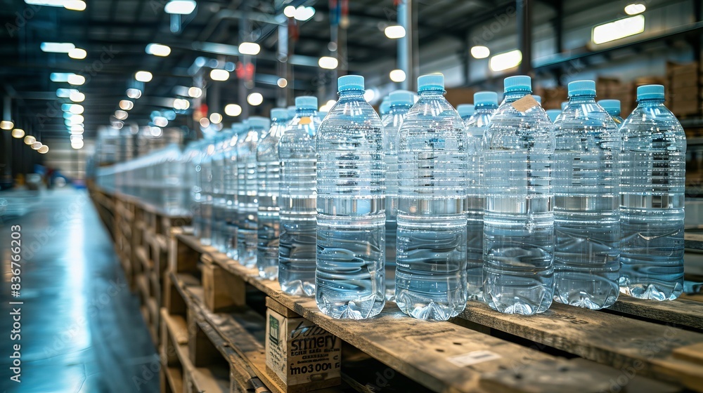 Crates filled with water bottles, sealed and labeled, ready for ...
