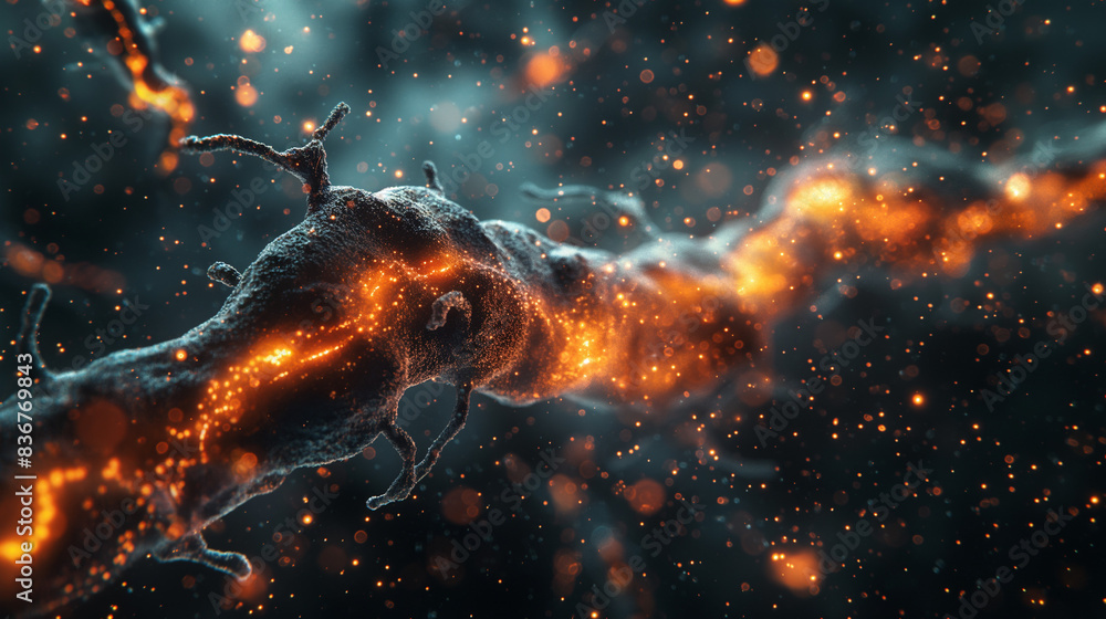 Neuron cell close-up view - 3d rendered image of Neuron cell on black ...