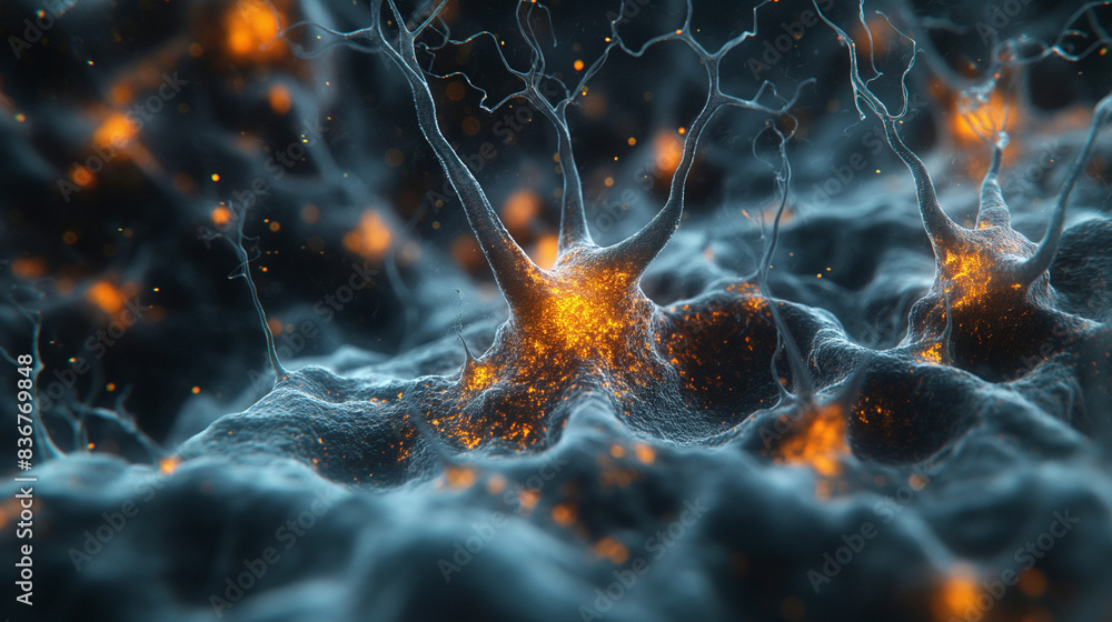 Neuron cell close-up view - 3d rendered image of Neuron cell on black ... Neuron cell close-up view - 3d rendered image of Neuron cell on black ...
