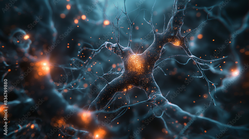 Neuron cell close-up view - 3d rendered image of Neuron cell on black ...