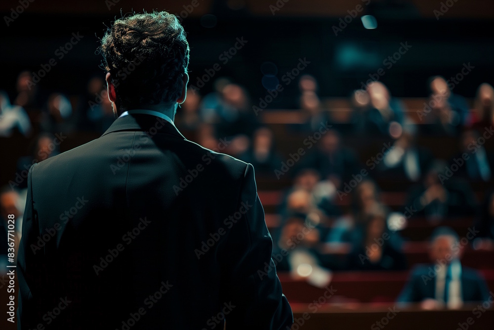 Young white man presenting to an audience in a dark conference room ...
