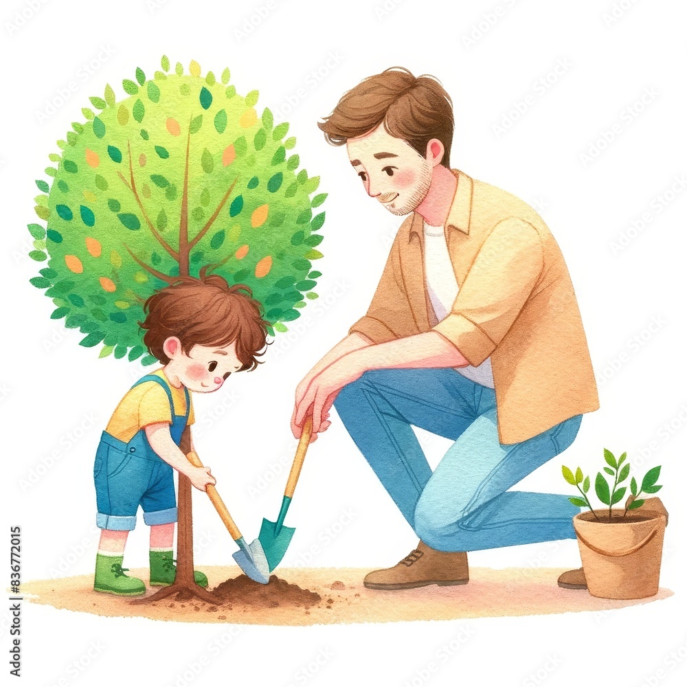 Father and son planting a tree together, creating a wonderful bonding ...