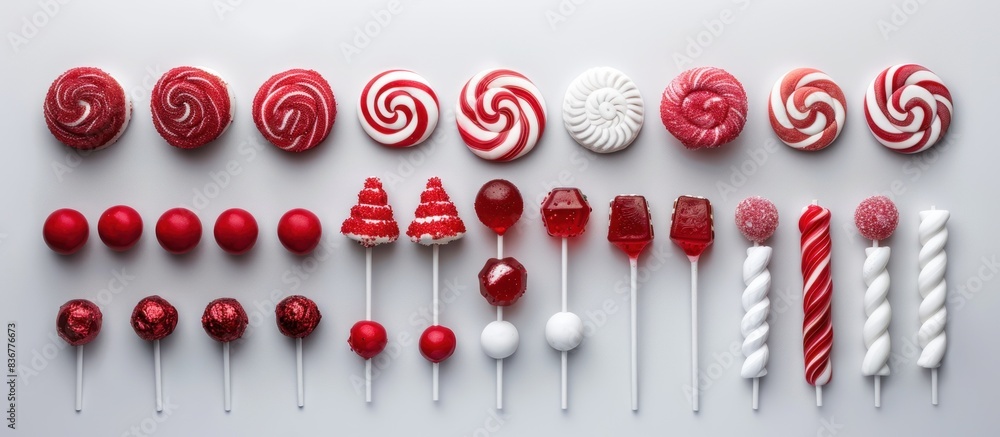 Neatly arranged on a plain white background, red and white candies and ...