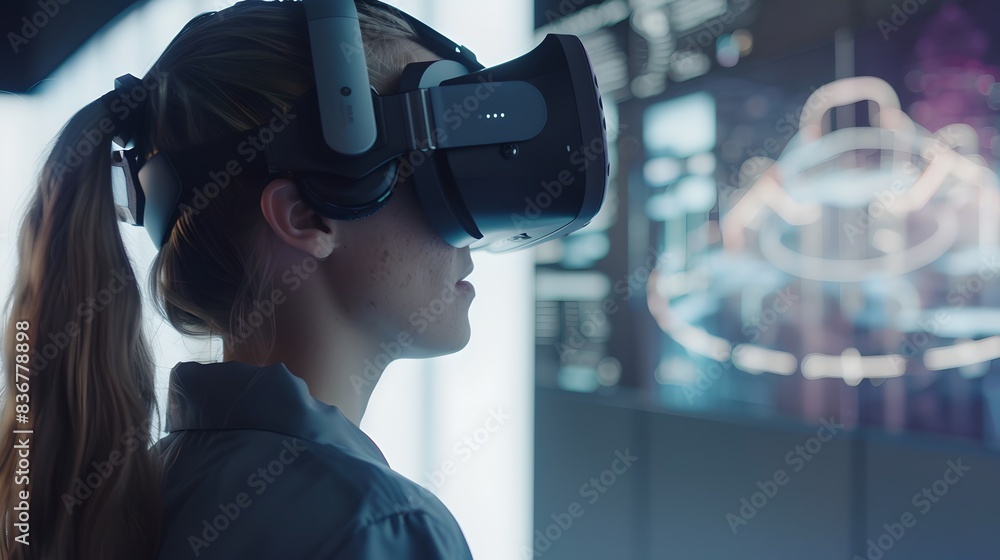 Woman exploring virtual reality with headset, futuristic hologram ...