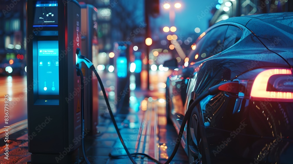 Electric car charging at night in urban setting. Blue light from ...