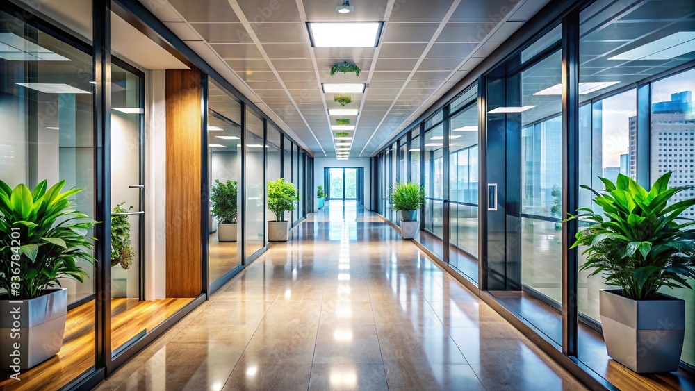 Modern office corridor with defocused room background, office, corridor ...