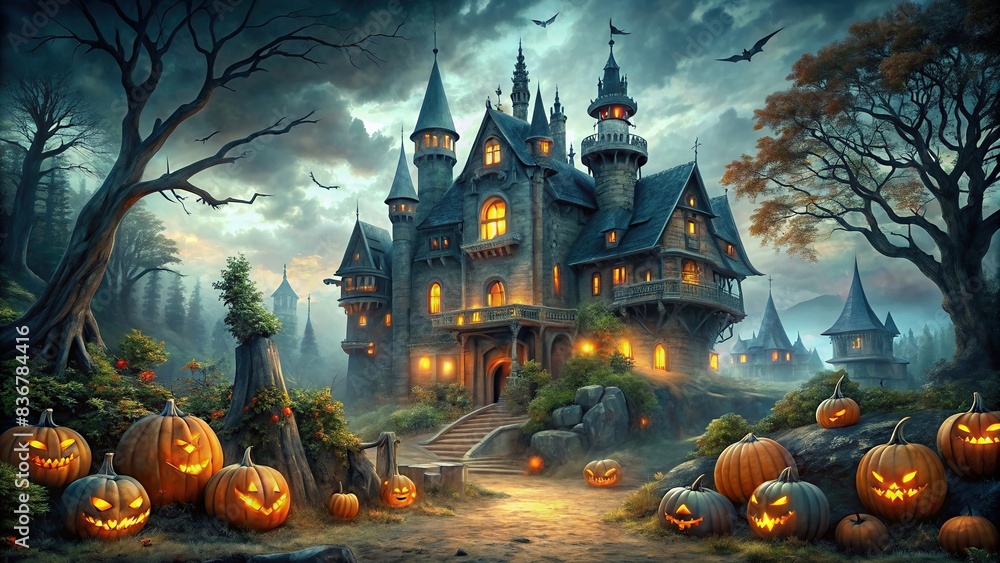 Haunted old castle surrounded by a dark forest with ghosts, scary ...