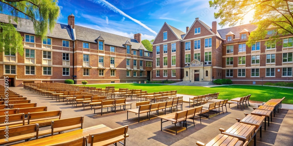 Empty college campus with dorm buildings and lecture halls, showing ...