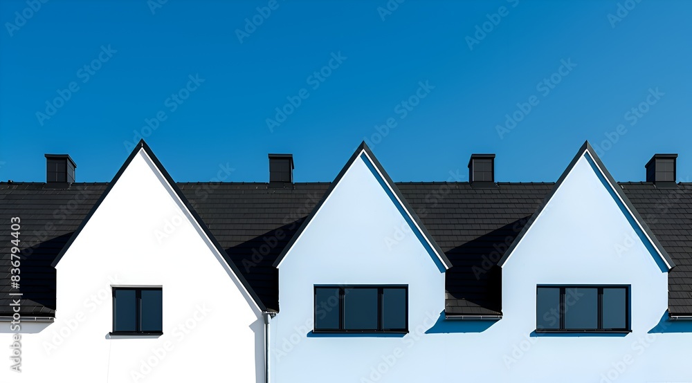Three houses with blue roofs and white walls. The houses are in a row ...