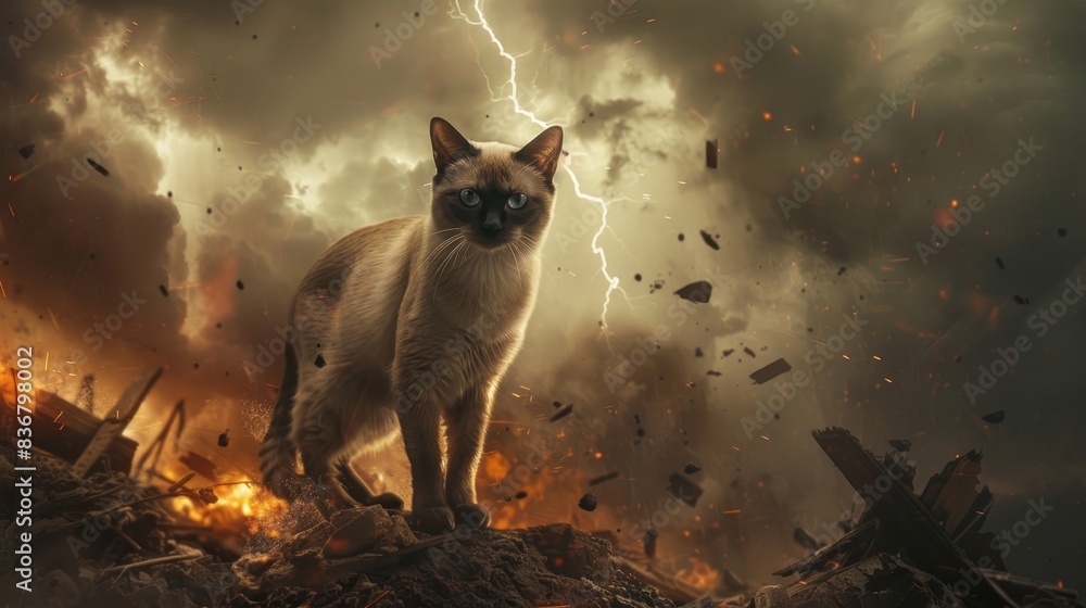 Siamese cat with blue eyes surrounded by storm clouds lightning and ...