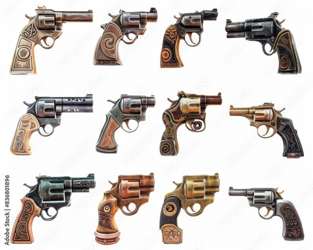 game sheet of different types of gun, clay render, oily, shiny, bevel ...