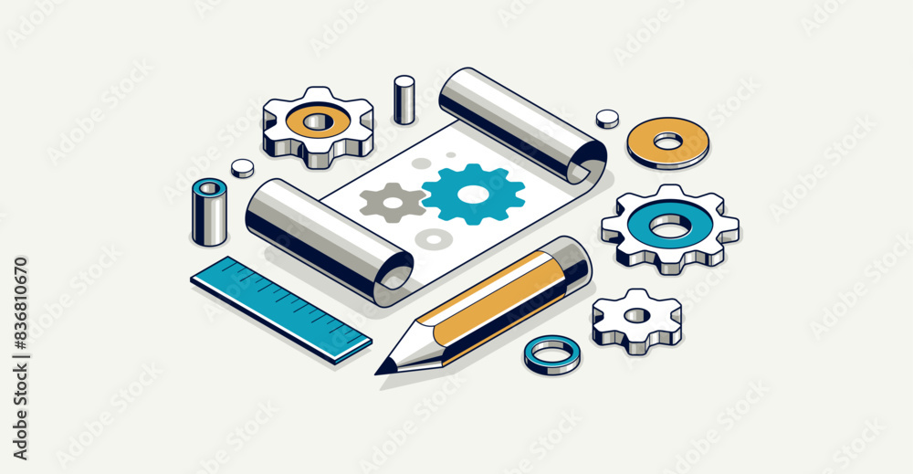 Mechanical engineering project concept, engine draft plan drawing ...