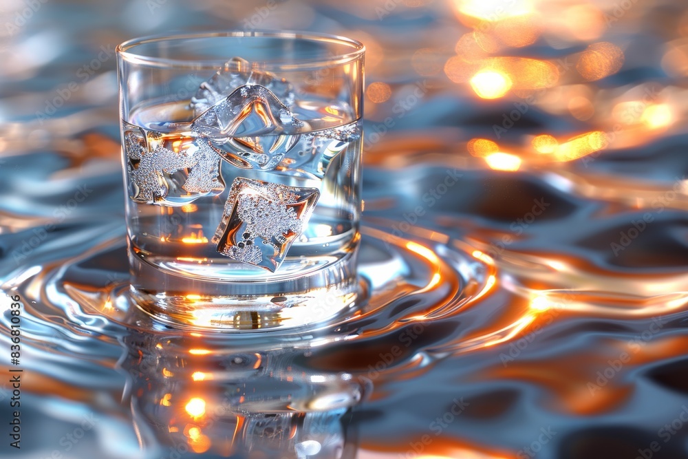 A highball or Collins glass full of pure sparkling water with ice cubes is settled on the water ...