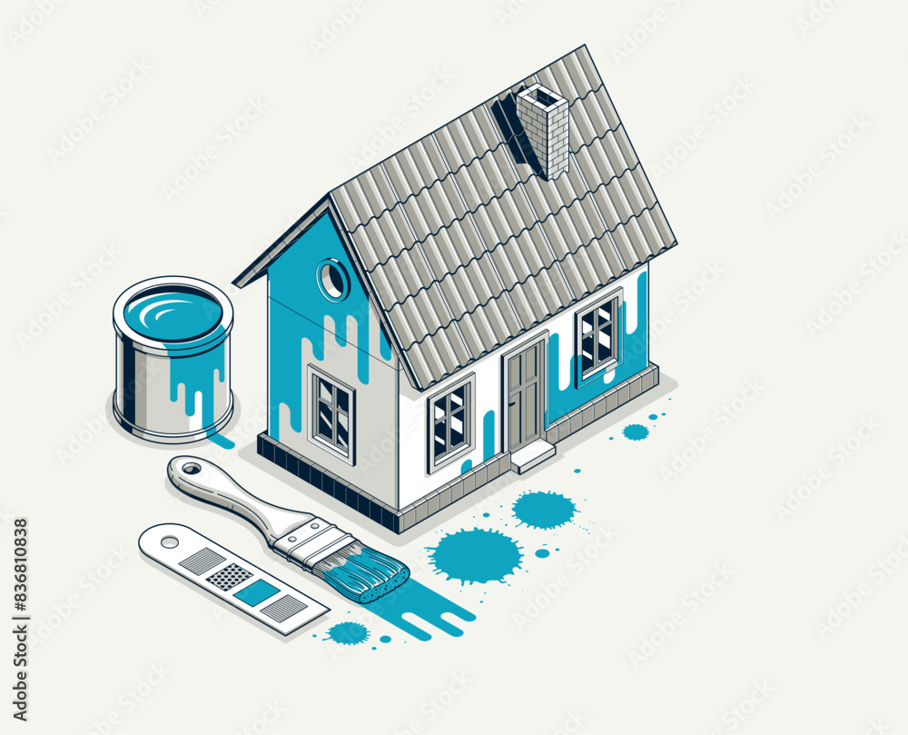 Painting house service exterior walls vector 3D isometric illustration ...