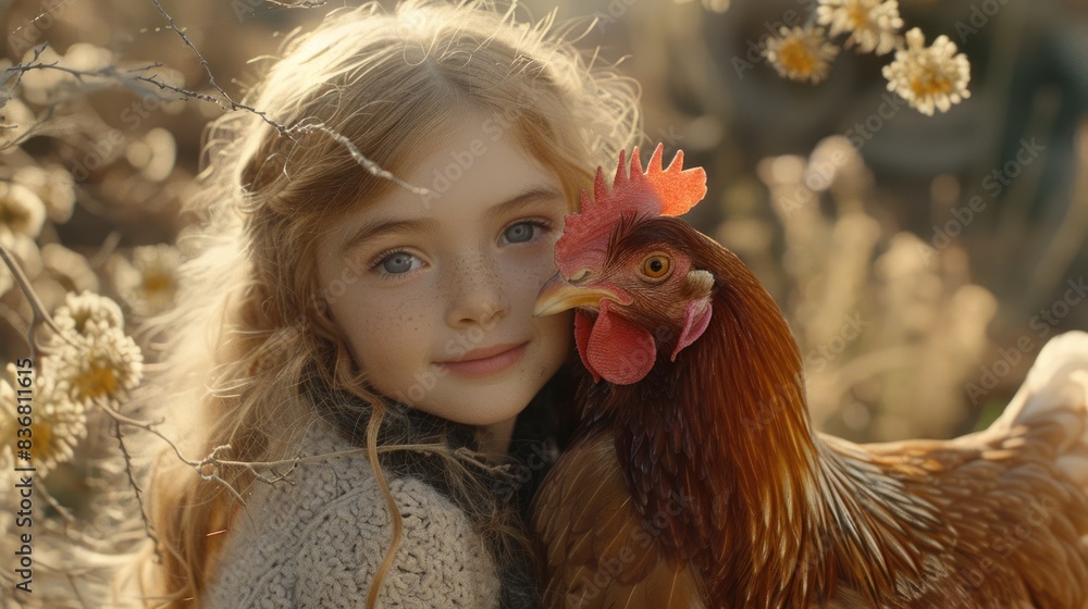 Charming Little Girl with Hen on Rustic Farm at Sunrise - Realistic and ...
