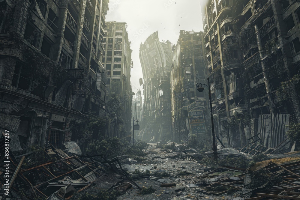 Exploring the postapocalyptic urban ruins of a desolate and abandoned ...