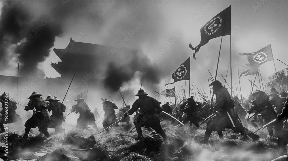 Cinematic Black and White Wide-Angle Samurai Battle Scene in Japanese ...