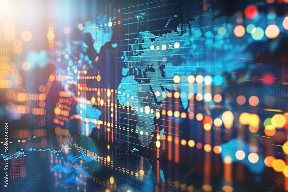 Abstract digital world map with colorful lights, representing global ...