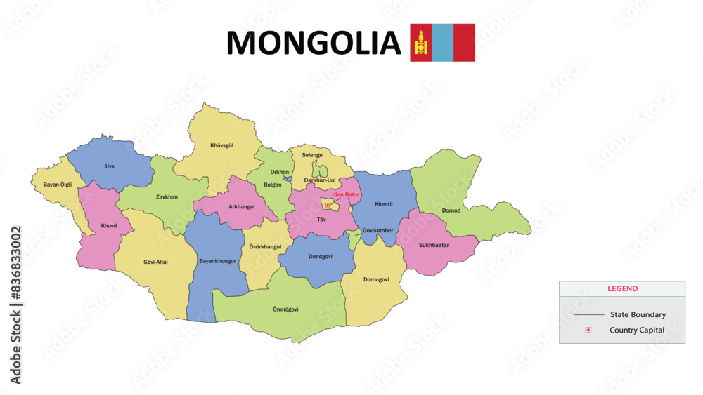 Mongolia Map. State and union territories of Mongolia. Detailed colourful Political map of ...