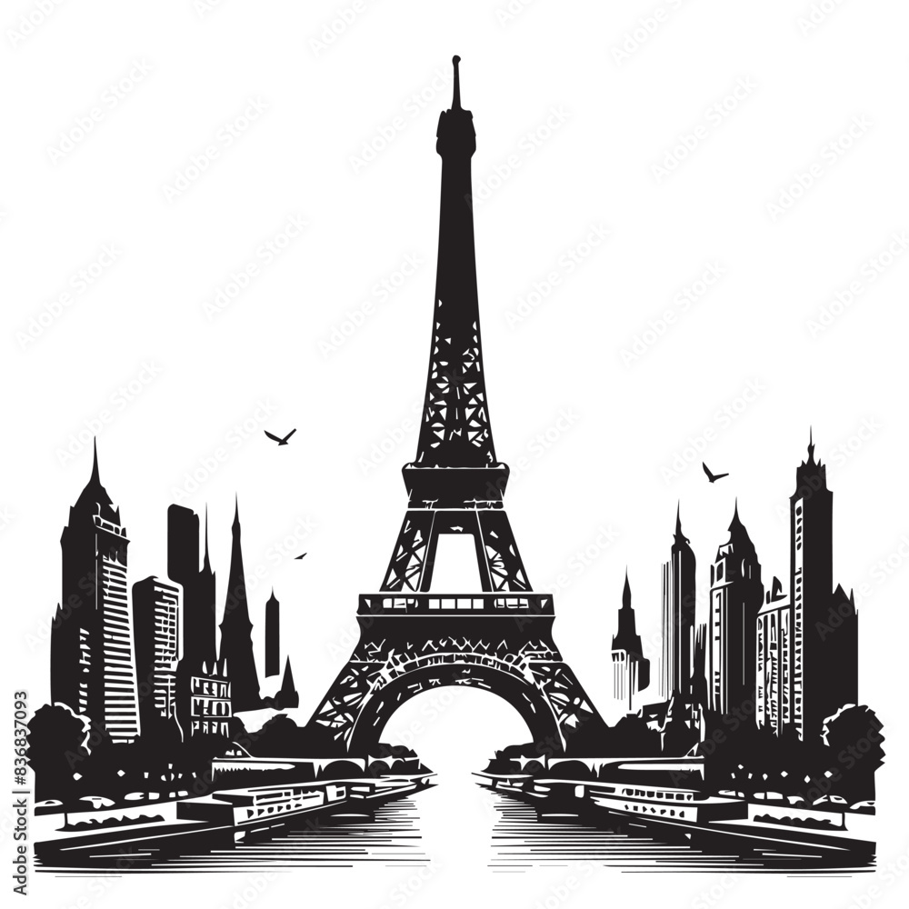Paris city line style illustration. Famous Eiffel Tower in Paris ...