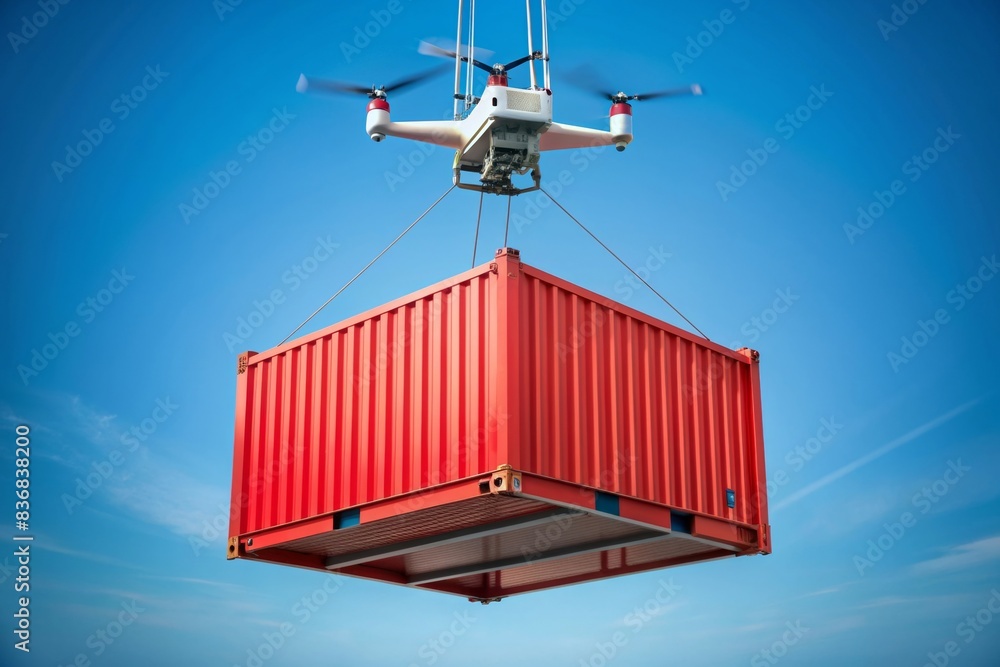 rendering of drone lifting red shipping container on blue background ...