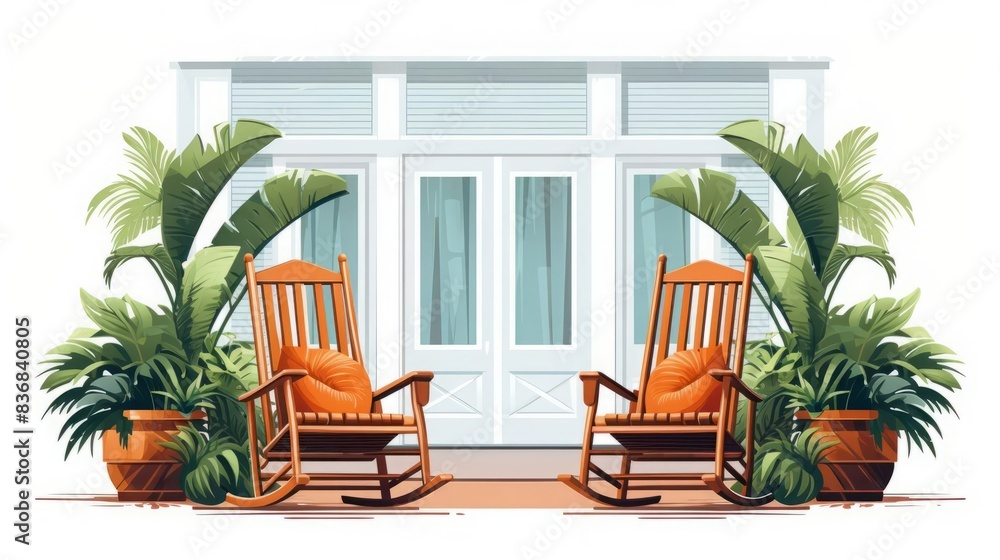 vector illustration style,Inviting front porch with rocking chairs and ...