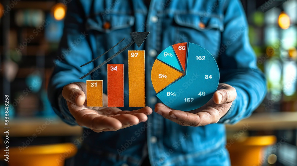 The hand holding a pie chart and Histogram . That is divided into ...