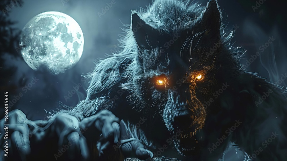Midnight setting, frontal view of a werewolf with glowing eyes, full ...