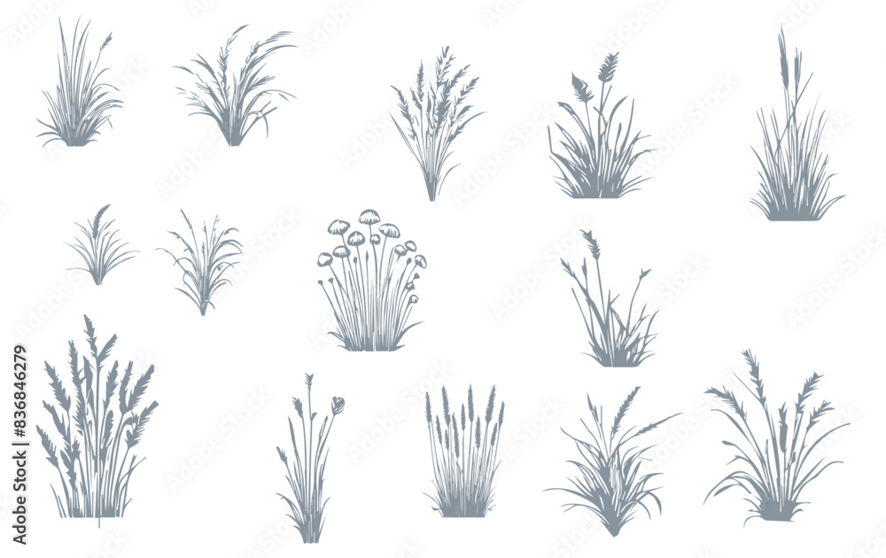 Set of grass line cad and silhouettes isolated on white background ...
