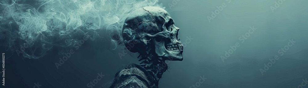 Side view of a horrifying Halloween skeleton monster, illuminated by ...