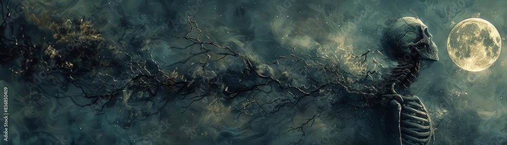 Side view of a horrifying Halloween skeleton monster, illuminated by ...