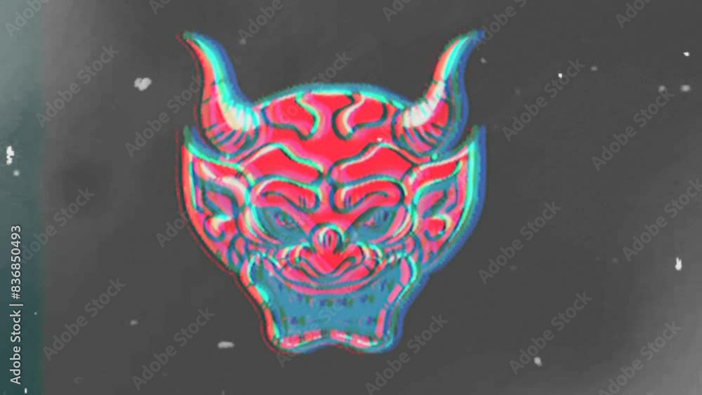 Japanese demon mask animation with glitches, distortions, static ...