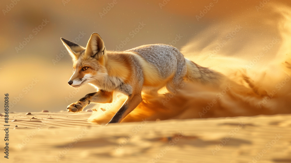 Desert Fox in Motion. A realistic photo of a desert fox running across ...