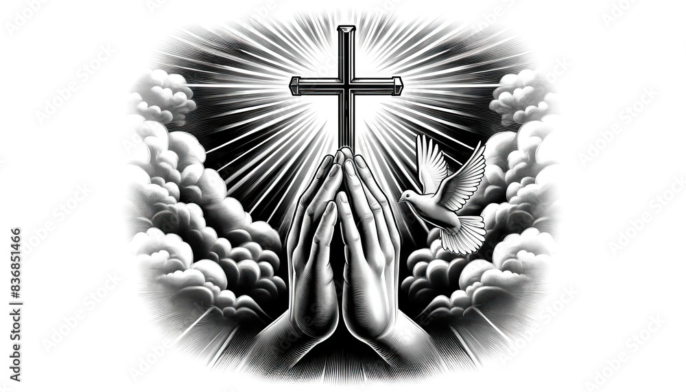 Symbolic illustration of praying hands with a radiant cross and clouds ...