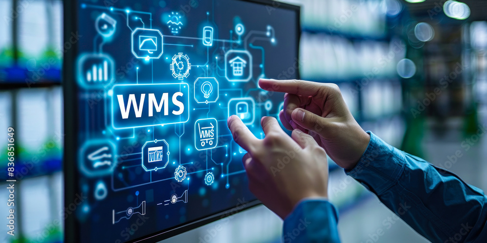 Professional interacts with digital interface displaying WMS Warehouse ...
