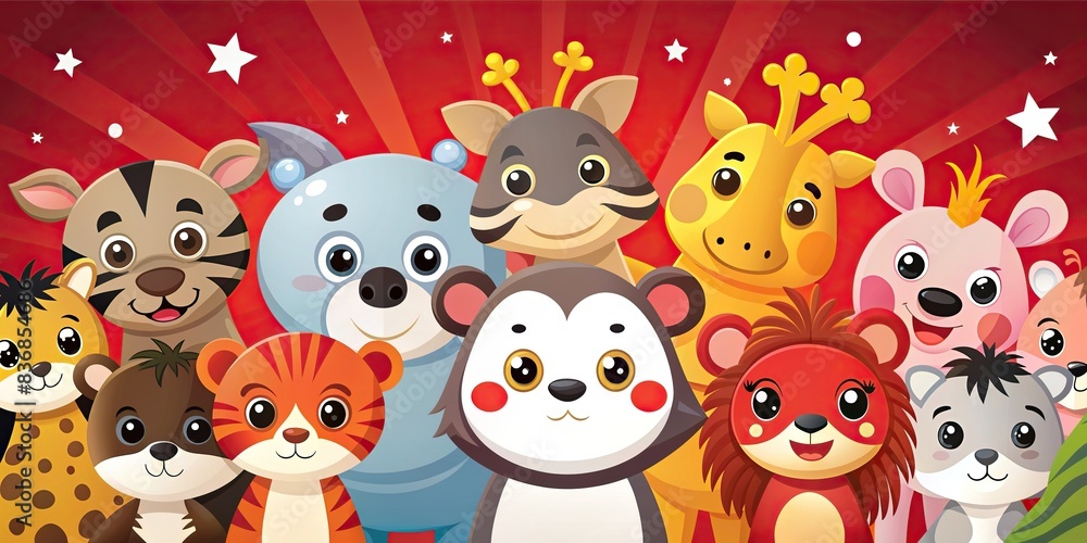 Colorful cartoon animal theme poster design for kids with a red and ...