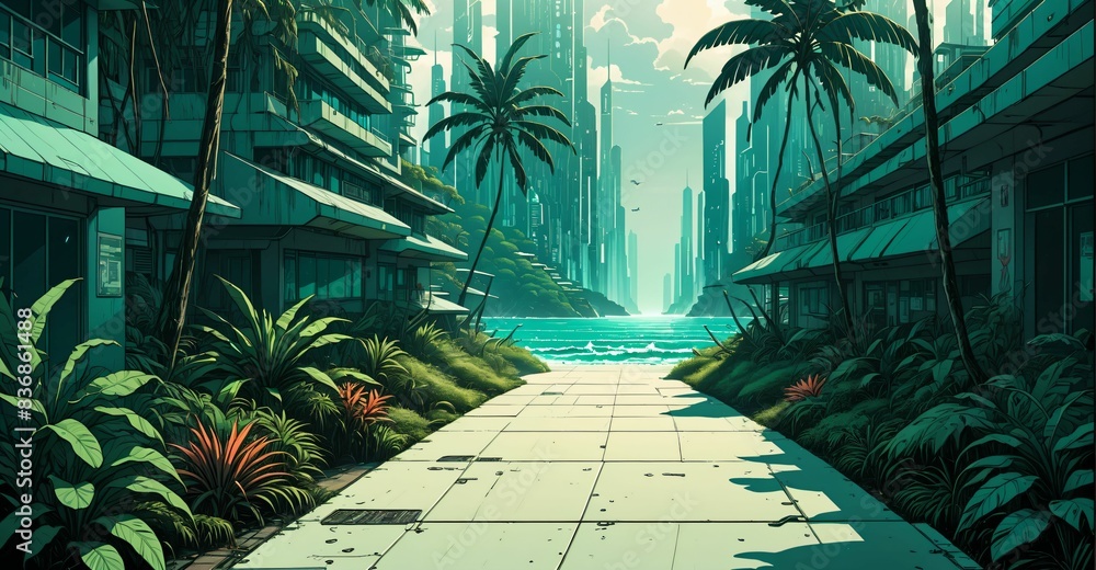 cyberpunk lo-fi sci-fi tropical city street with palm trees and ...