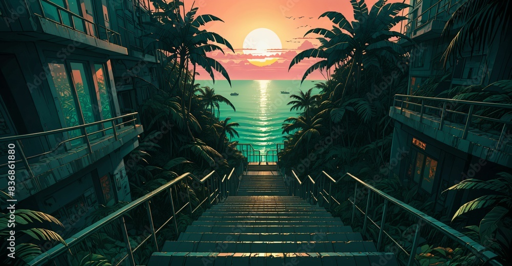 cyberpunk lo-fi tropical city stairwell sunset. stairs staircase to ...
