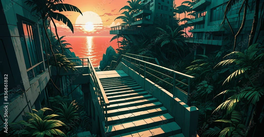 cyberpunk lo-fi tropical city stairwell sunset. stairs staircase to ...