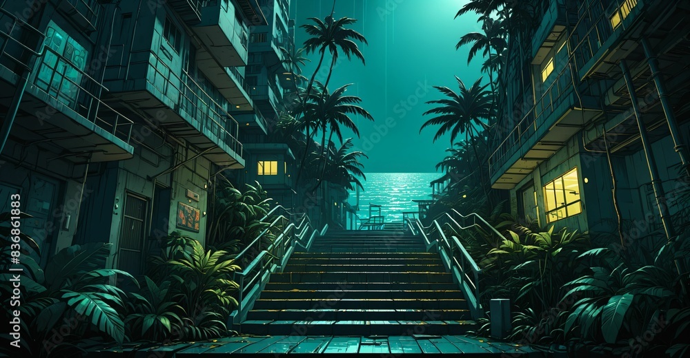 cyberpunk lo-fi tropical city stairwell sunset. stairs staircase to ...
