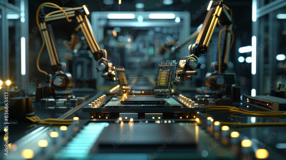 Robotic arms assembling circuit boards in a high-tech factory, showcasing advanced automation ...