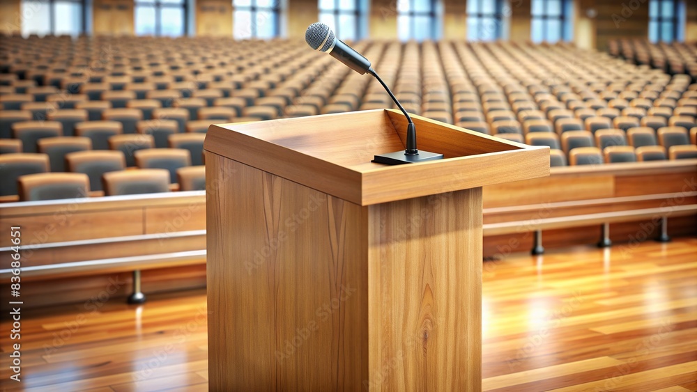 Wooden podium with microphone for public speaking event, podium ...