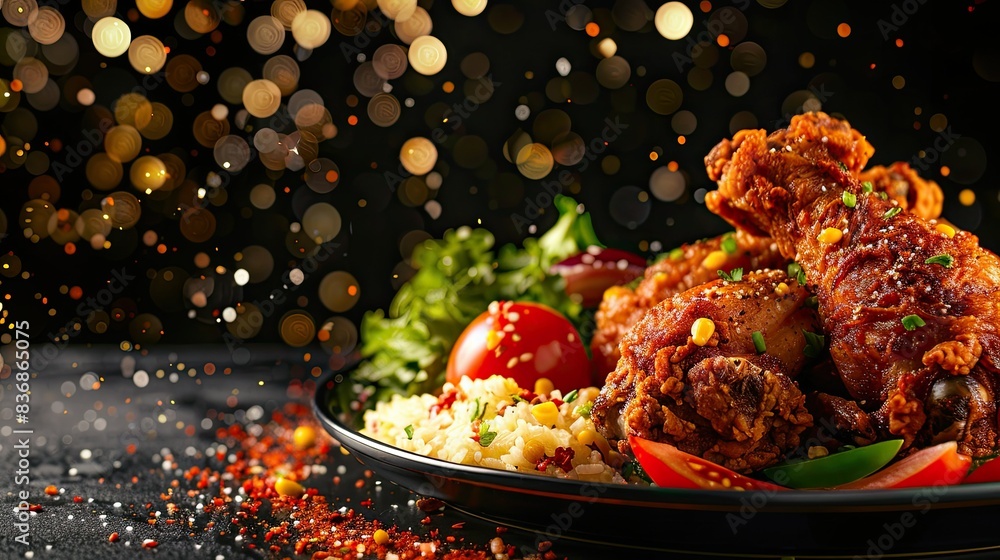 Tempting crispy fried chicken with colorful sides on a black background ...