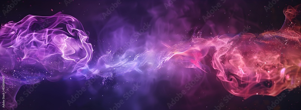 Two pink and purple glowing smoke patterns face each other on a black ...