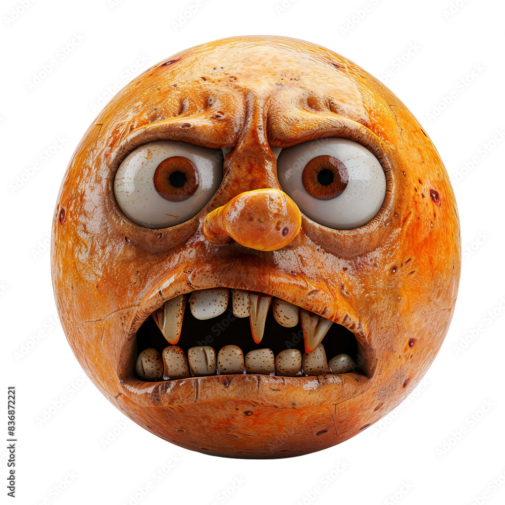 Close-up of a scary orange fruit with exaggerated facial features ...